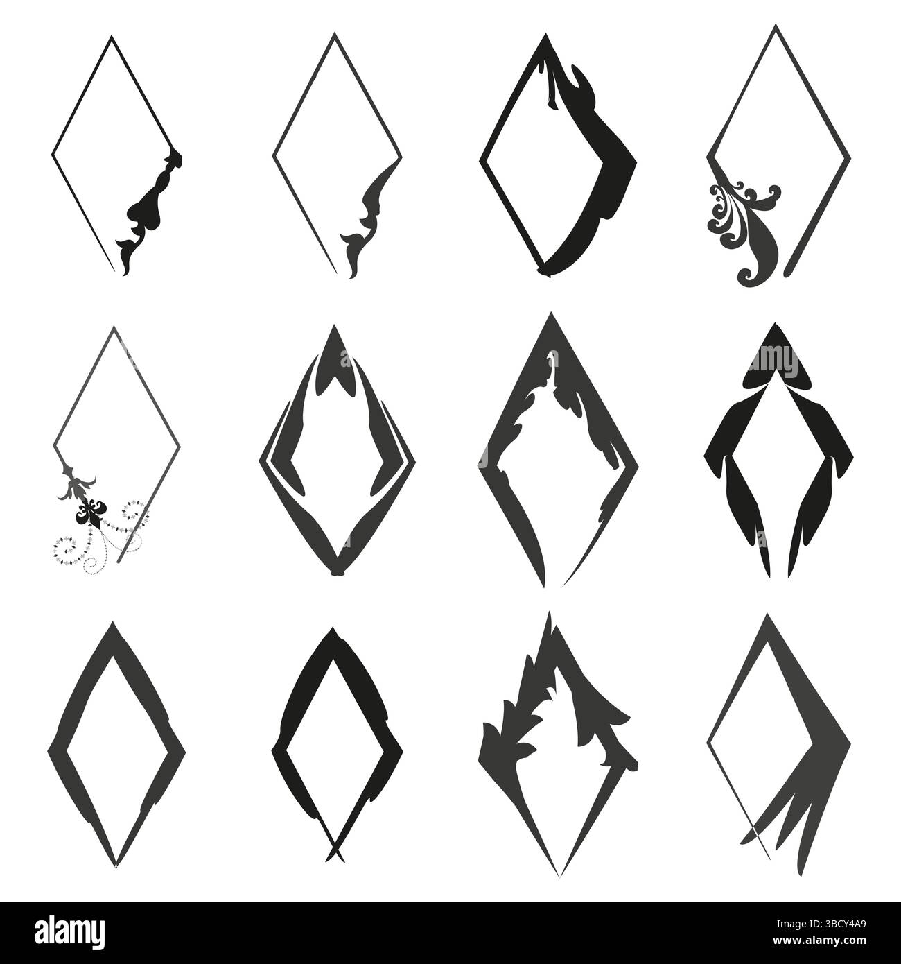 Diamond frames set. Black distressed edges. Brush stroke style. Vector ...