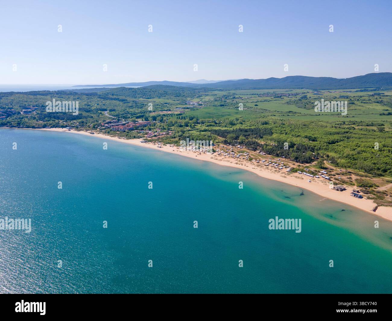 Aerial view of Black sea coastline near Gradina (Garden) Beach, Burgas ...