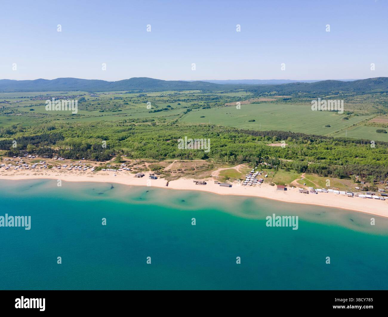 Aerial view of Black sea coastline near Gradina (Garden) Beach, Burgas ...