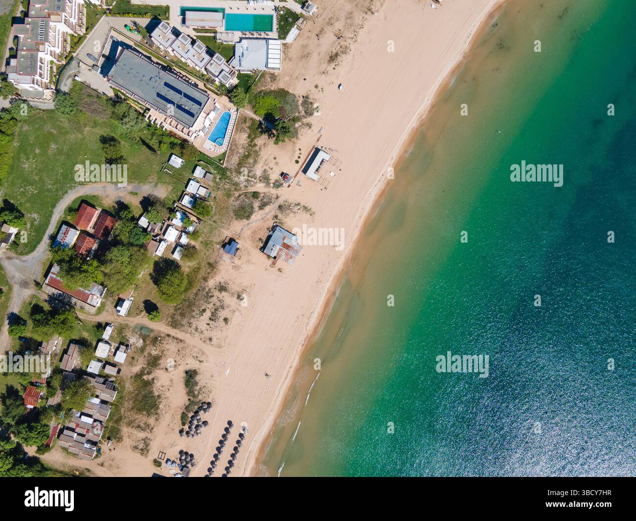 Aerial view of Black sea coastline near Gradina (Garden) Beach, Burgas ...