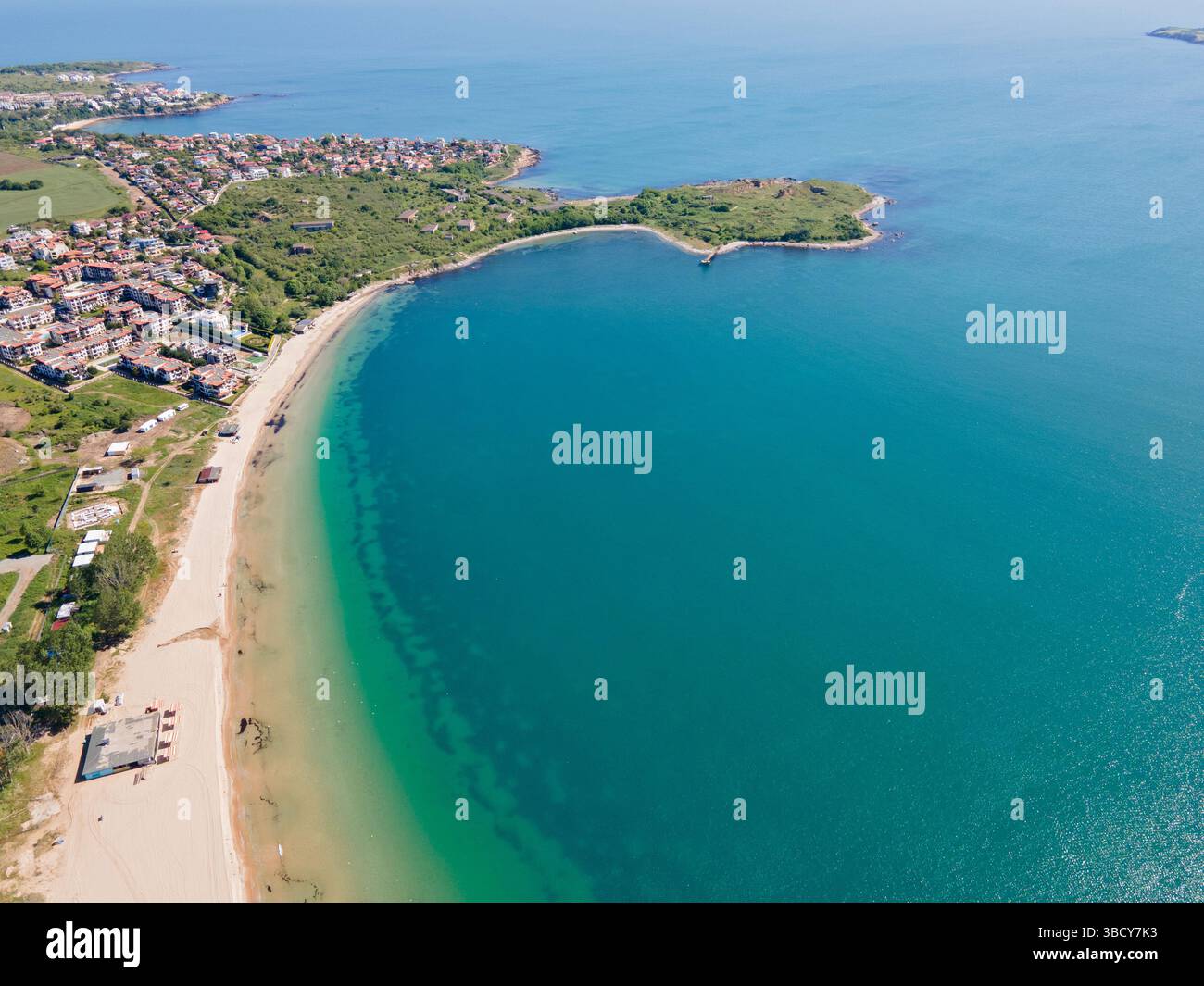 Aerial view of Black sea coastline near Gradina (Garden) Beach, Burgas ...