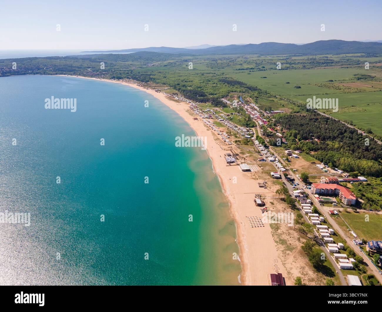 Aerial view of Black sea coastline near Gradina (Garden) Beach, Burgas ...