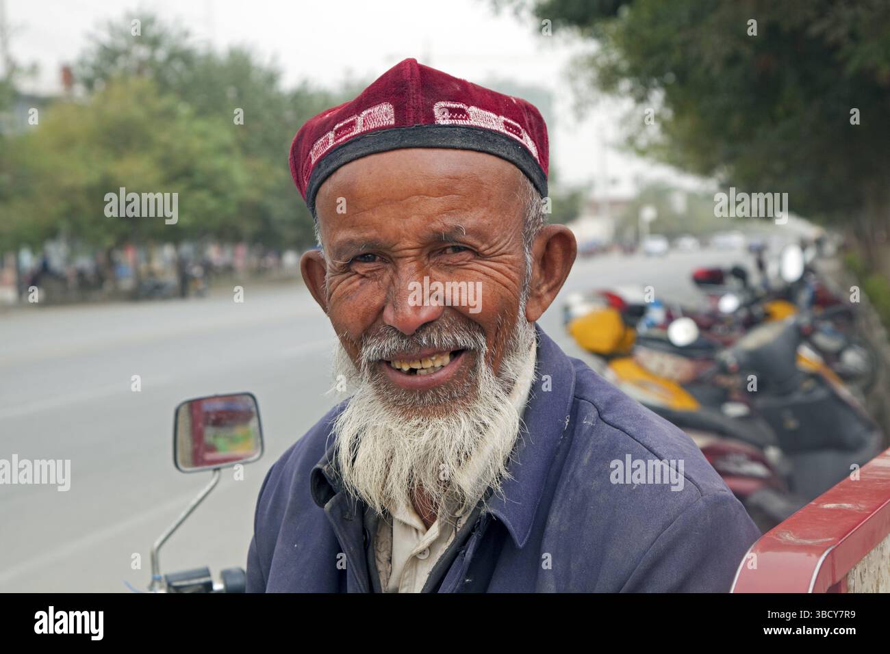 Close-up of an elderly Uighur man with a beard wearing a doppa in Qiemo ...