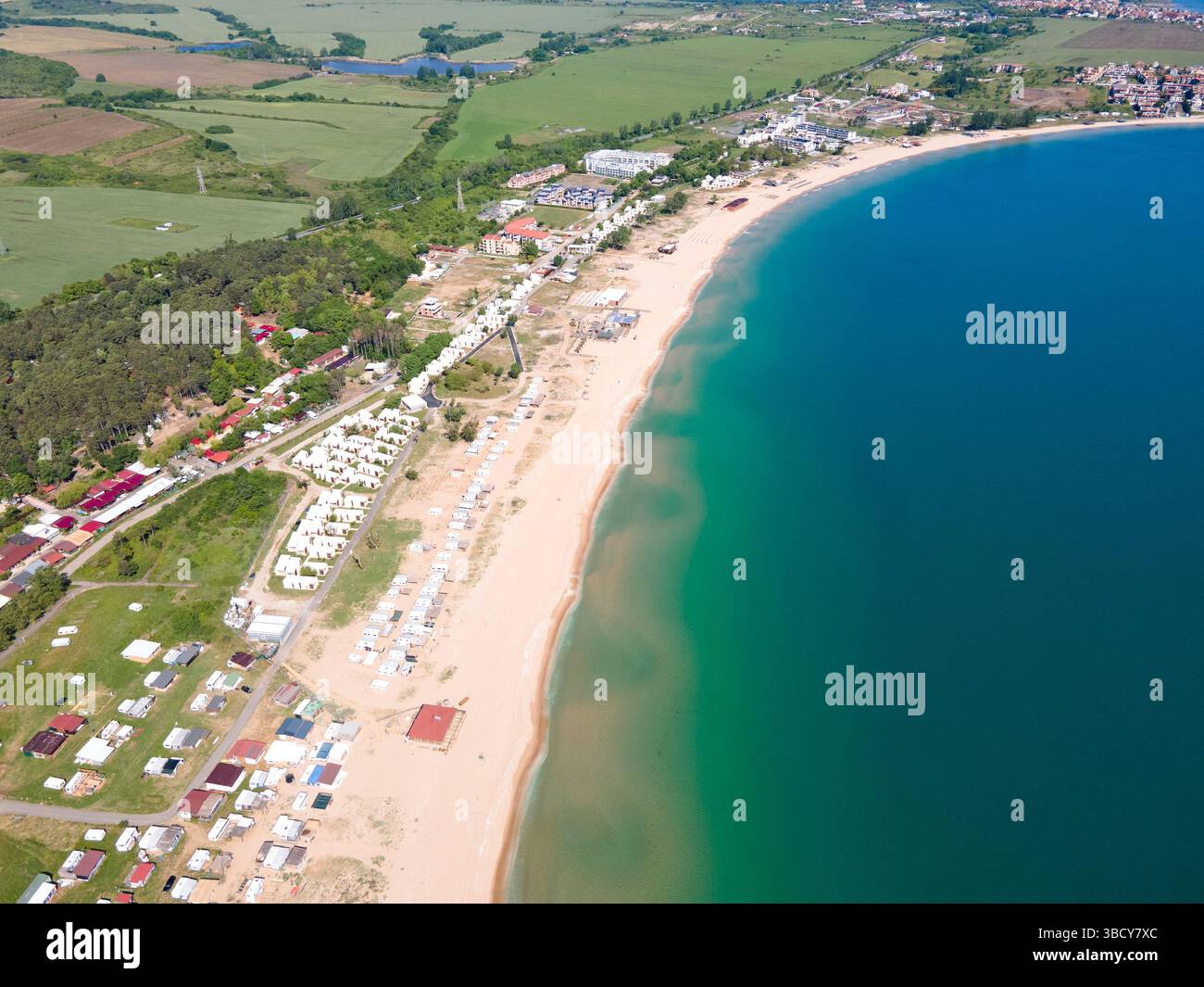Aerial view of Black sea coastline near Gradina (Garden) Beach, Burgas ...