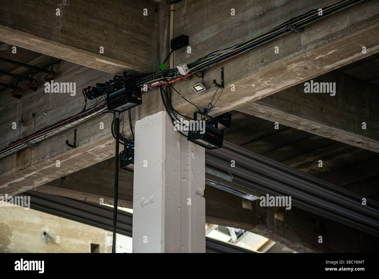 A detailed view of an electronic system's wiring and connections ...