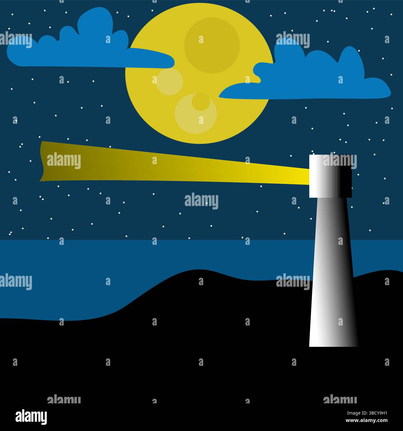Lighthouse night scene. Yellow moon glow. Blue sea horizon. Vector ...