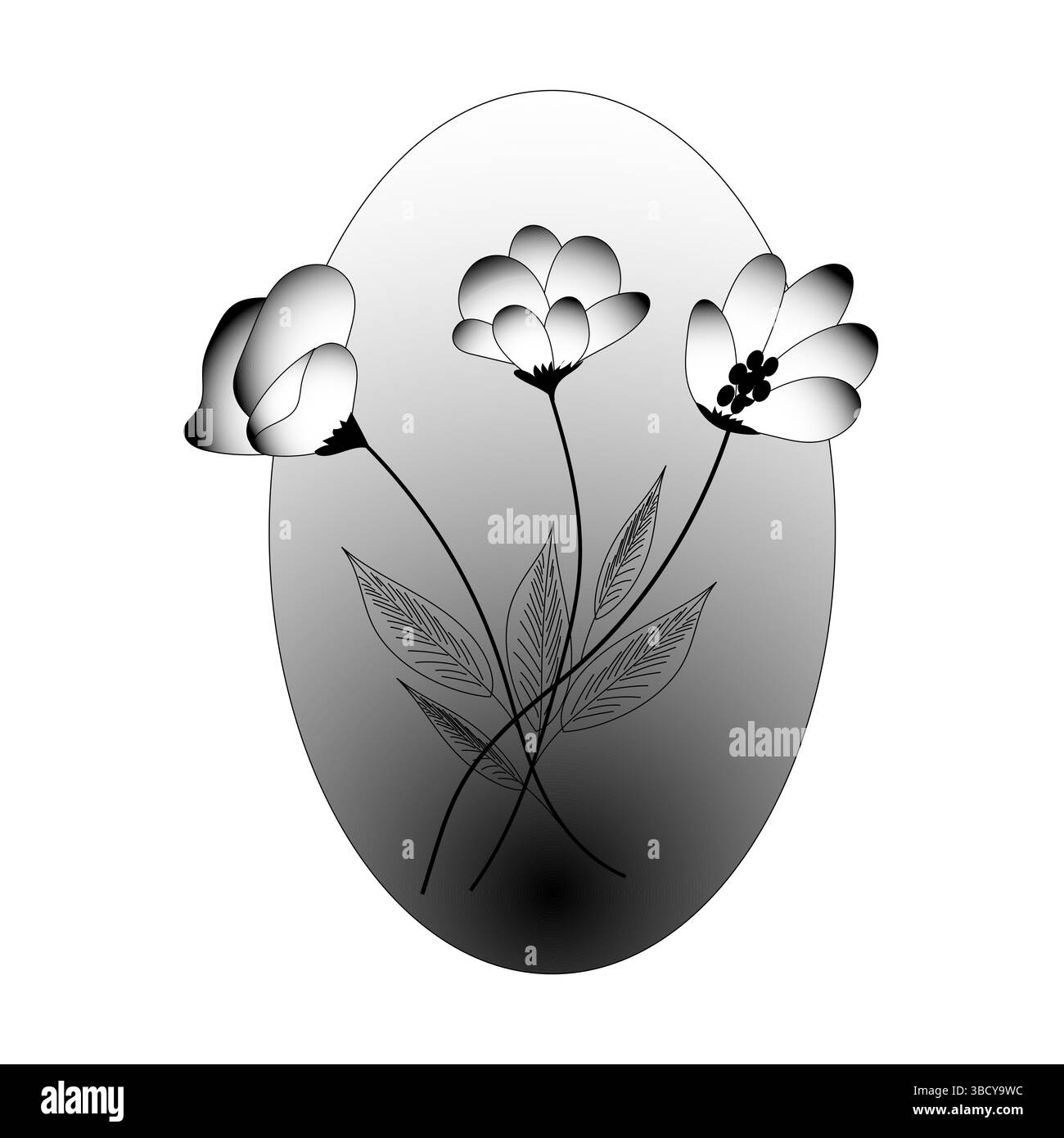 Floral oval frame. Grayscale flower sketch. Detailed leaf texture ...