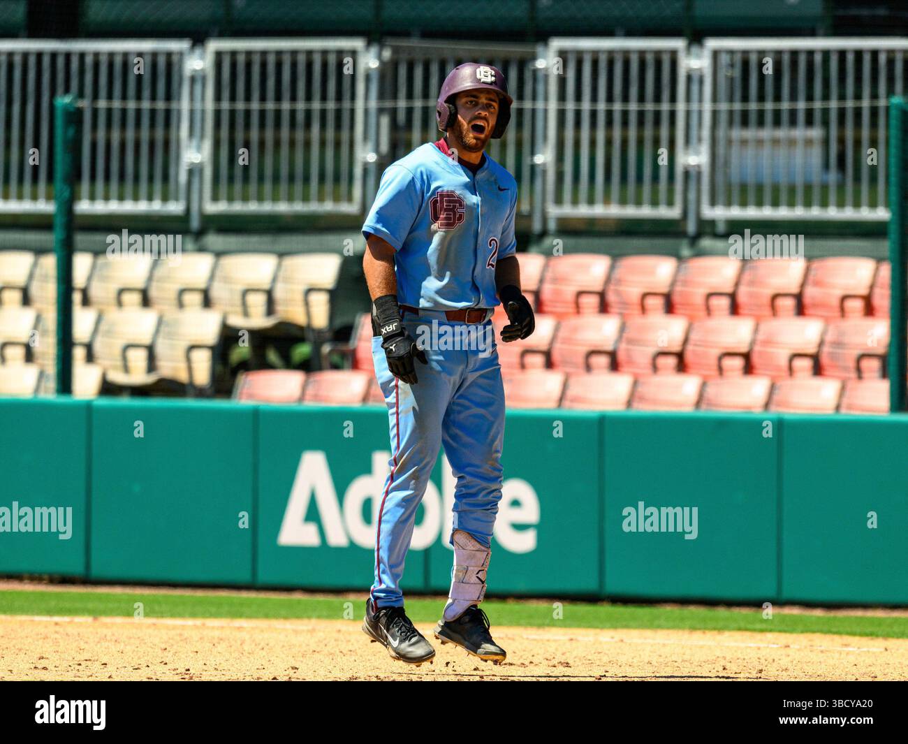 May 21, 2025: BCU outfielder Daniel Figueroa (20) reacts after a hit ...