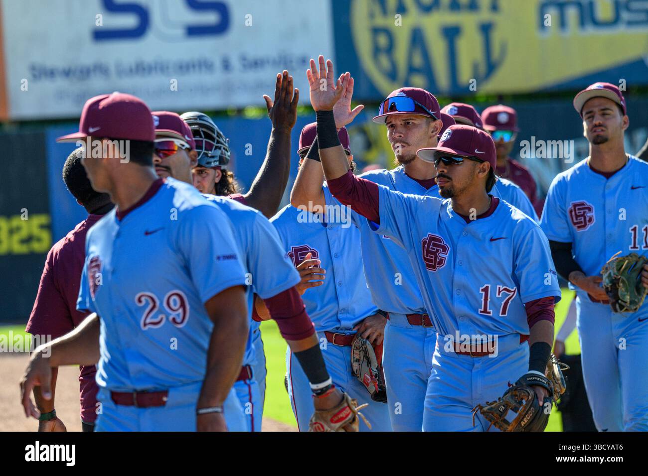 May 21, 2025: BCU infielder Jayme Villafane (17) gets a high five ...