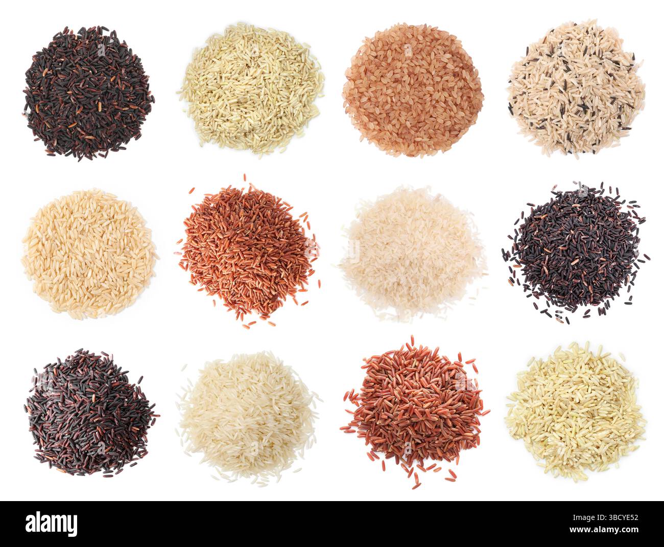 Brown and other types of rice isolated on white, set. Top view Stock ...