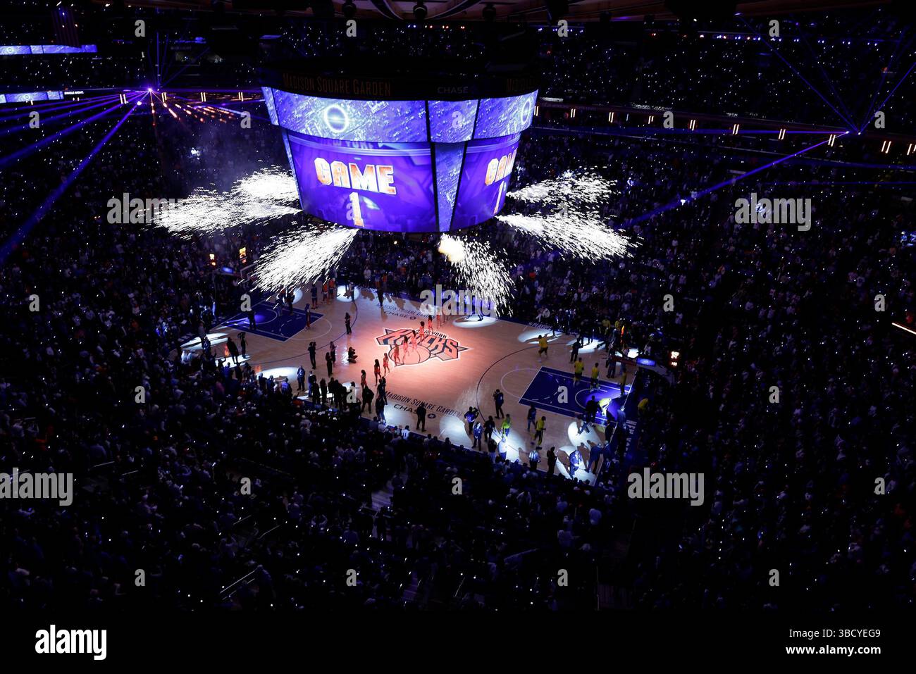 Fireworks shoot from the scoreboard before Game 1 of the NBA basketball ...