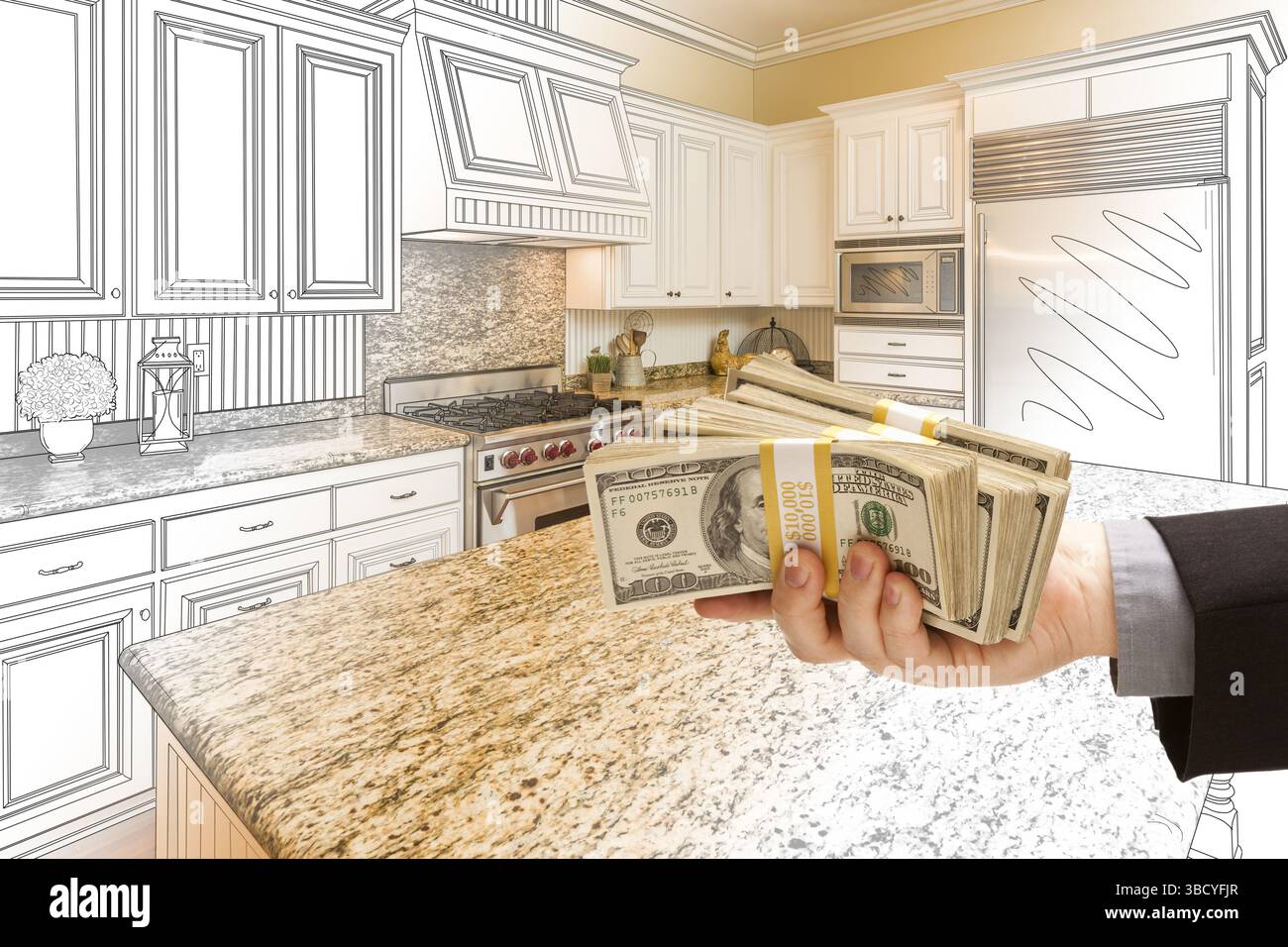 Hand handing stacks of money over custom kitchen design drawing and ...