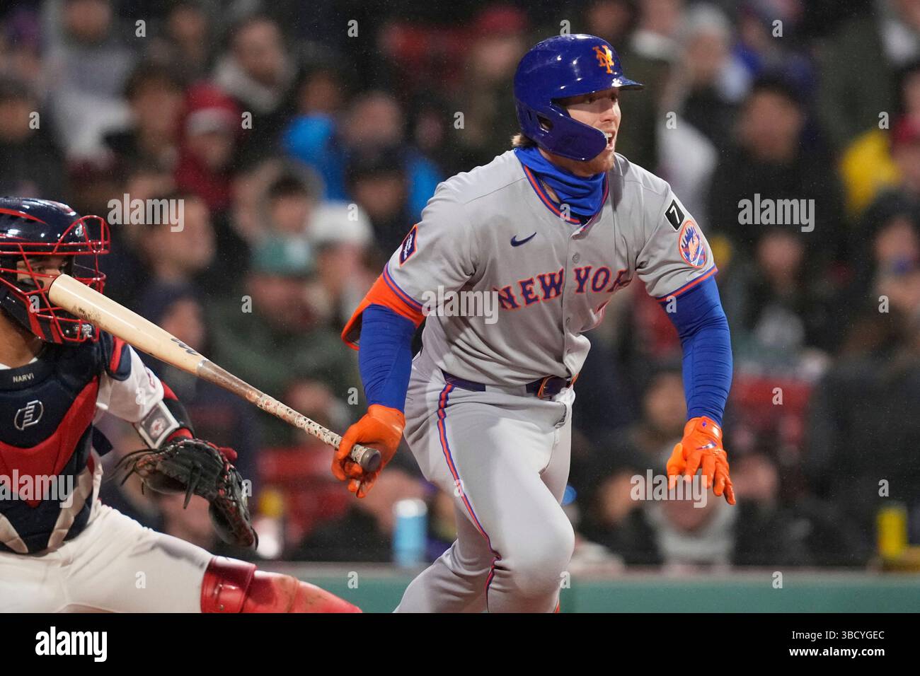 New York Mets' Brett Baty watches his single in the fifth inning of a ...