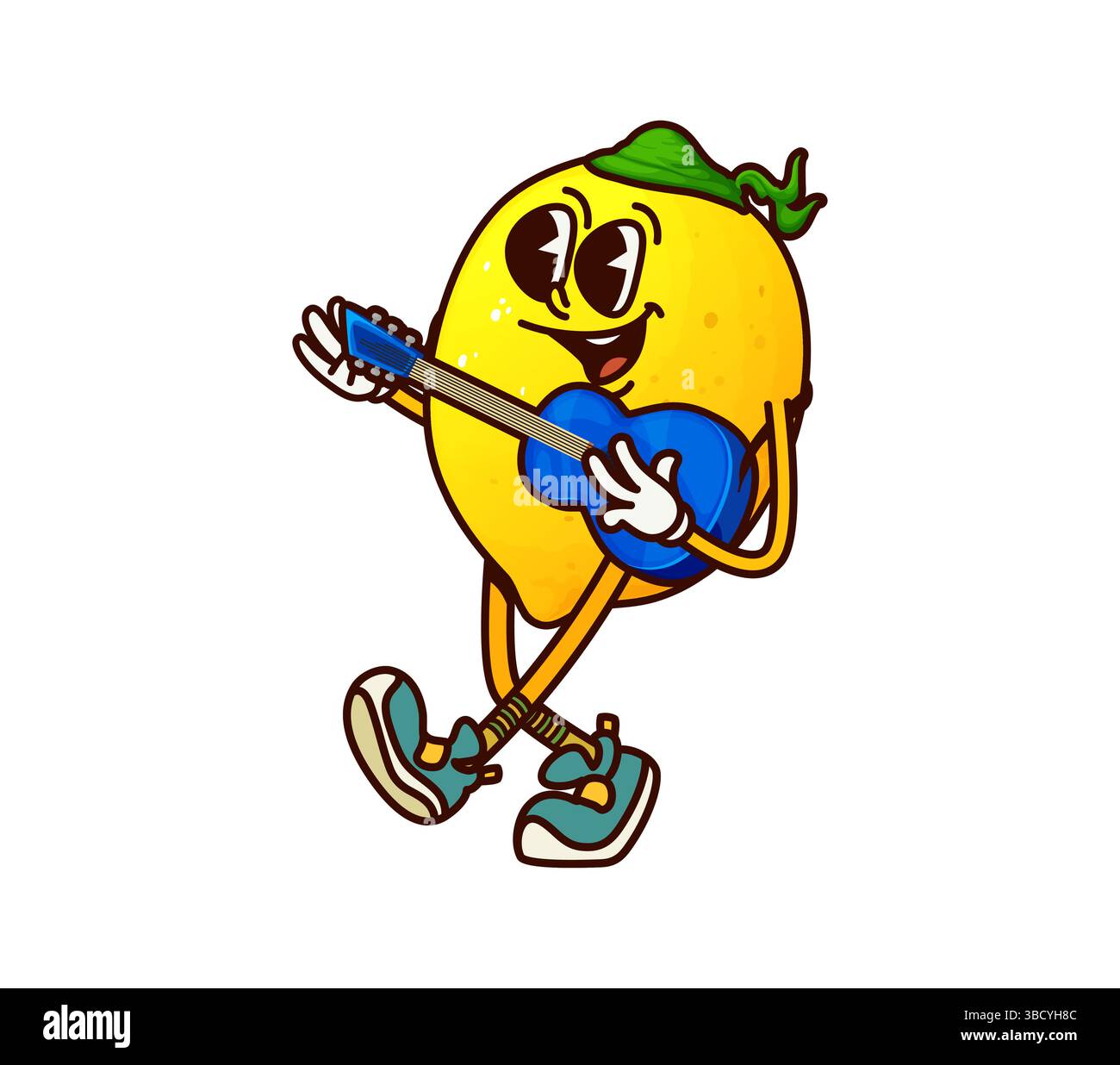 Cartoon groovy lemon fruit character cheerfully playing guitar enjoying ...