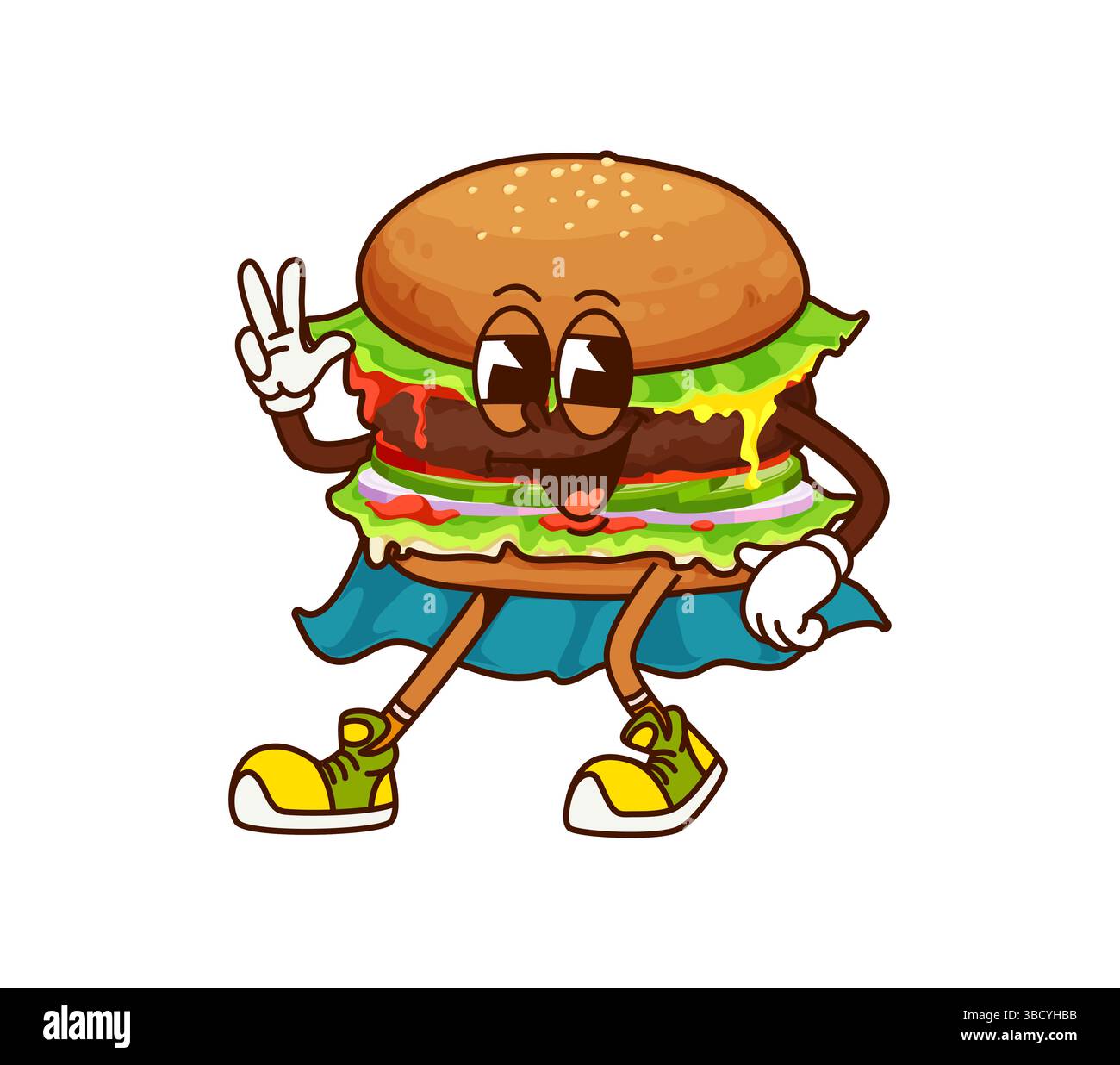 Cartoon groovy fast food burger character in superhero cape. Isolated ...