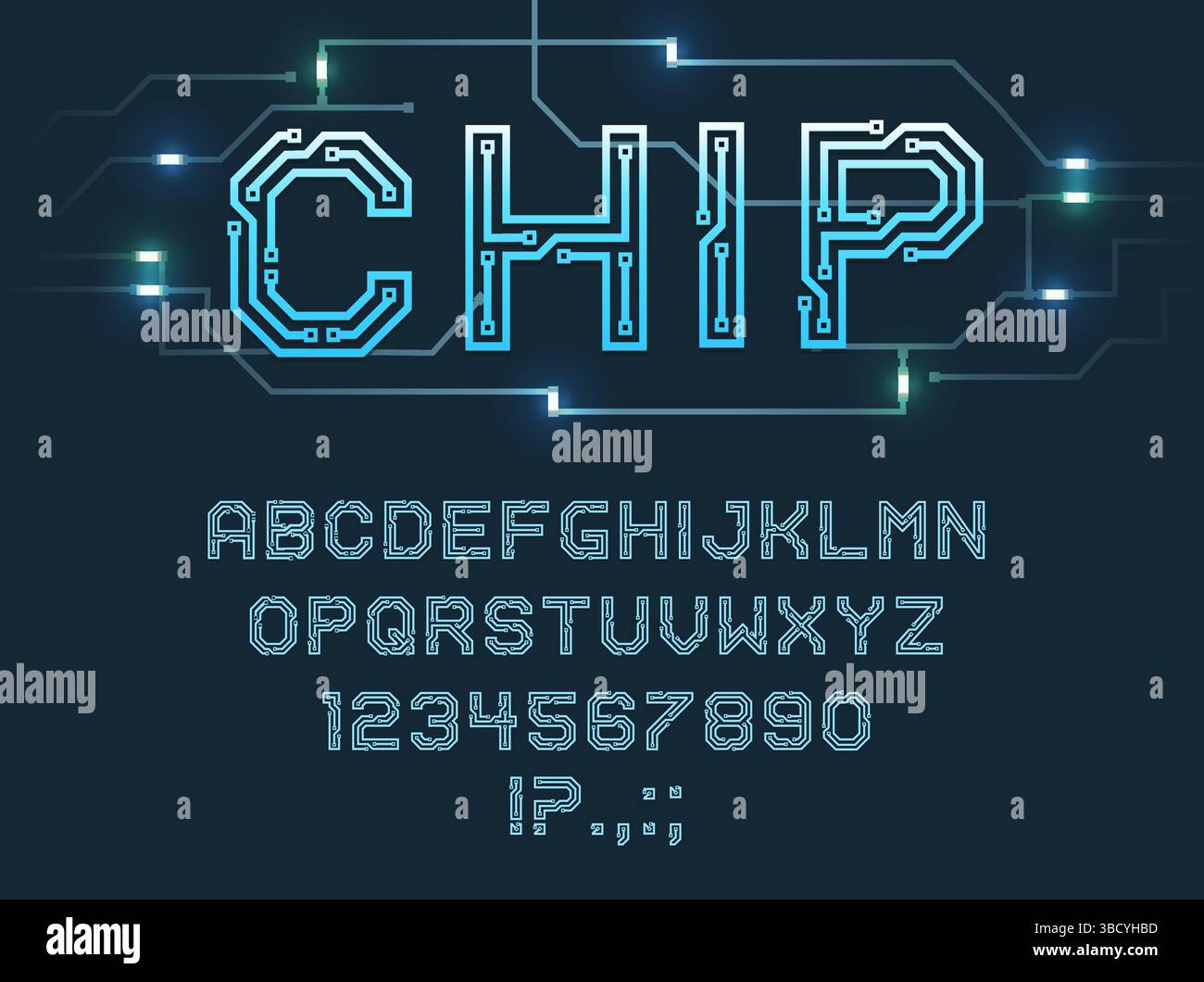 Chip type font, vector alphabet letters, digits and punctuation marks ...