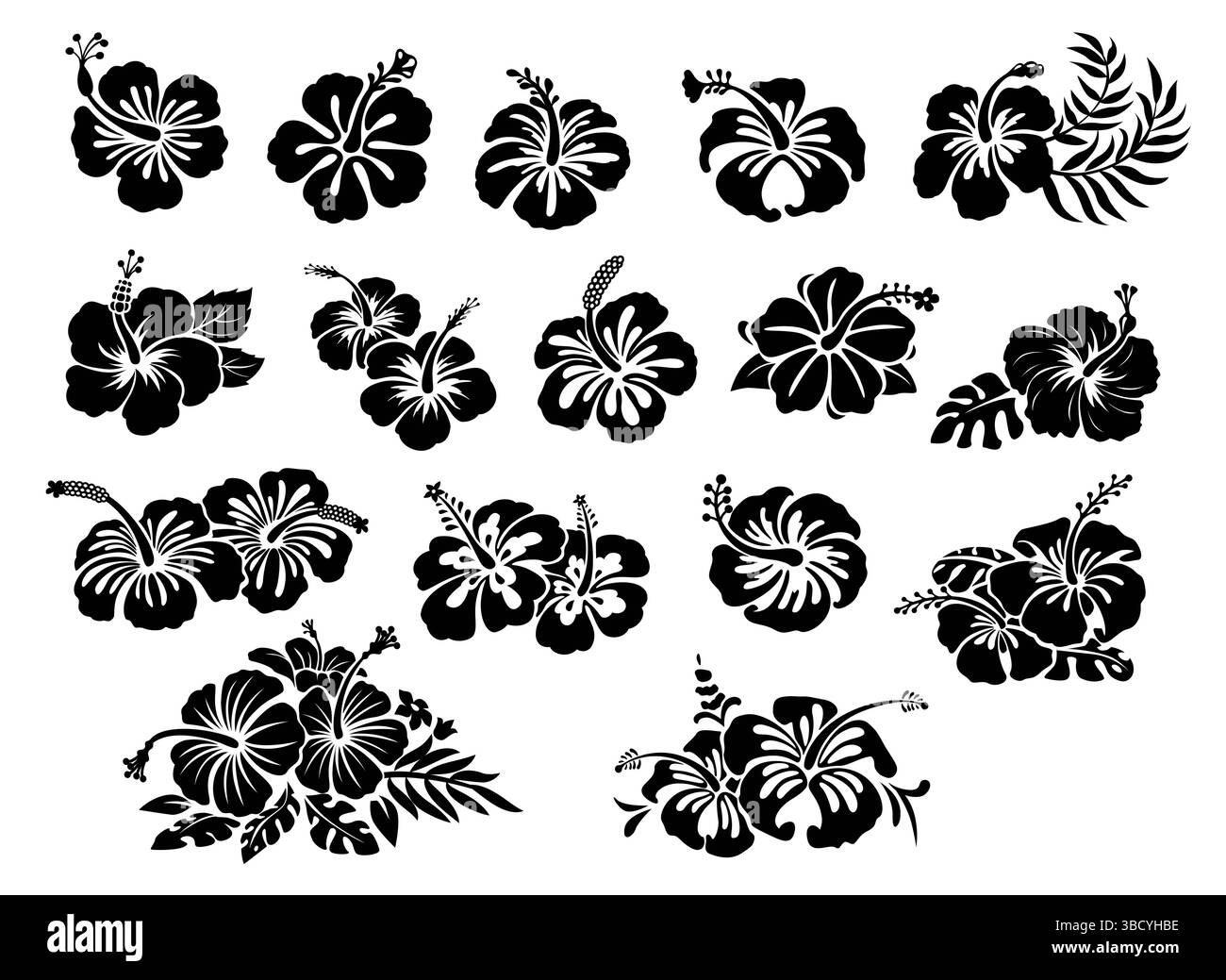 Hawaii tropical hibiscus flowers set, black stencil silhouette tattoo ...
