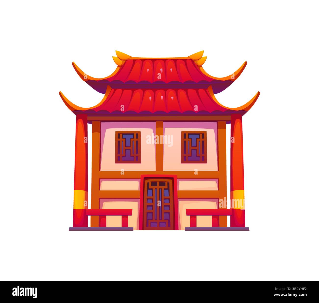Cartoon Chinese building, traditional Asian china town house with a red ...