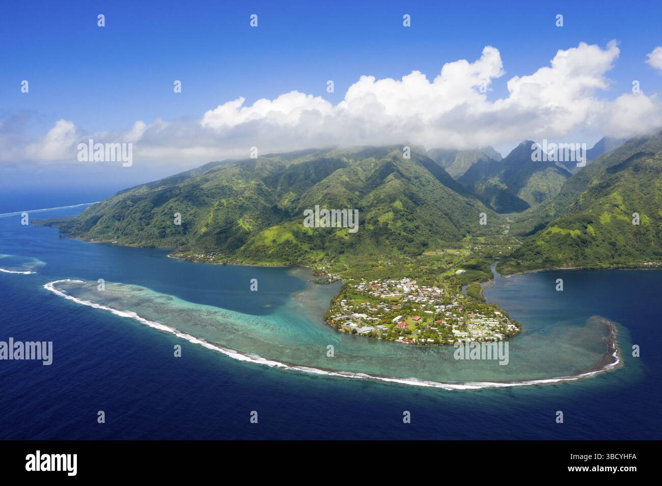 Aerial view of Tautira, Tahiti, French Polynesia, Oceania Stock Photo ...