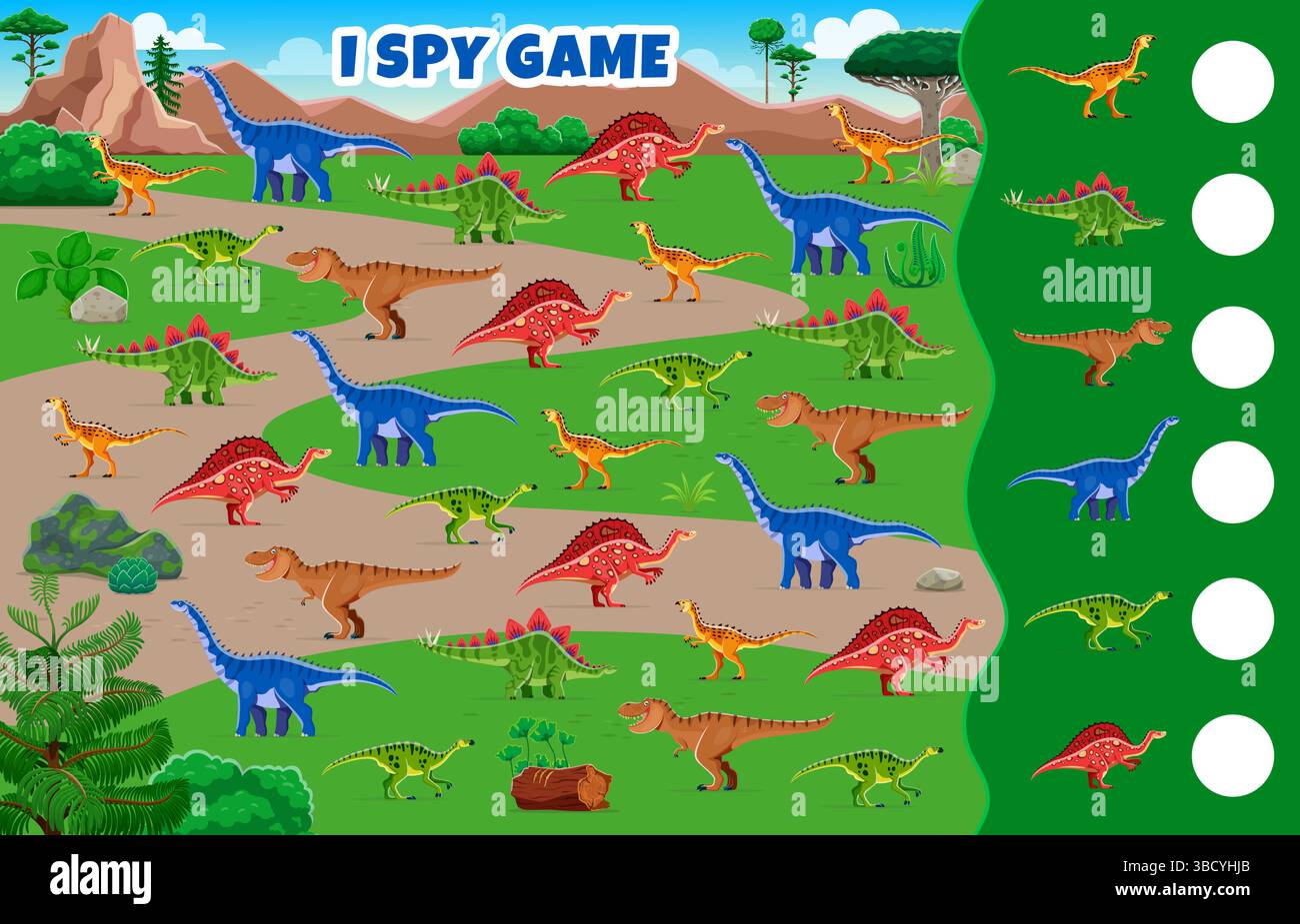 Prehistoric dinosaurs kids I spy game worksheet. Funny dino animal ...