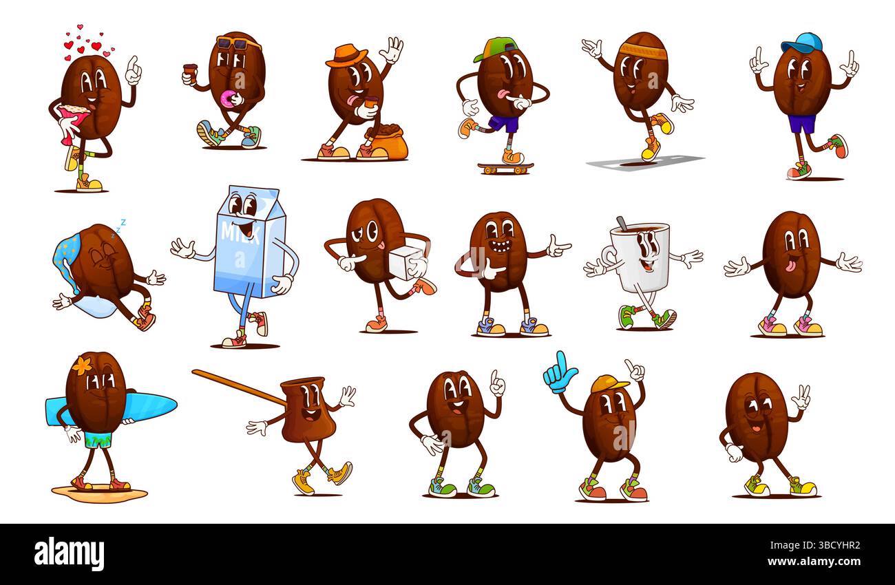 Cartoon groovy coffee bean, cup, milk box and cezve pot characters ...