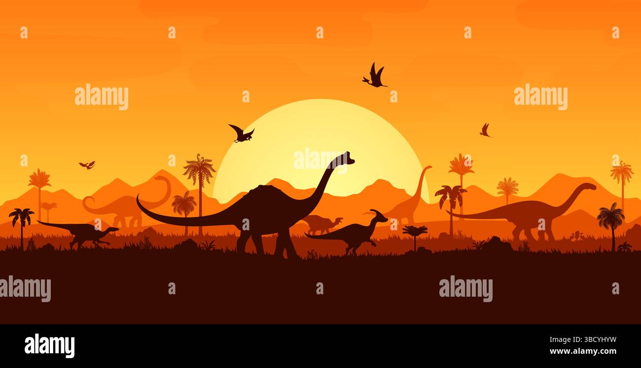 Prehistoric dinosaurs silhouettes on sunset landscape background with ...