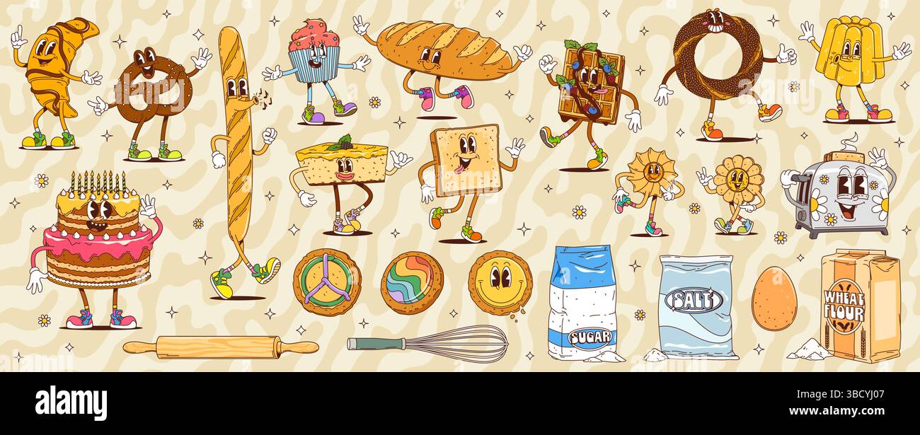 Cartoon groovy bakery, bread and pastry characters, vector retro hippie ...