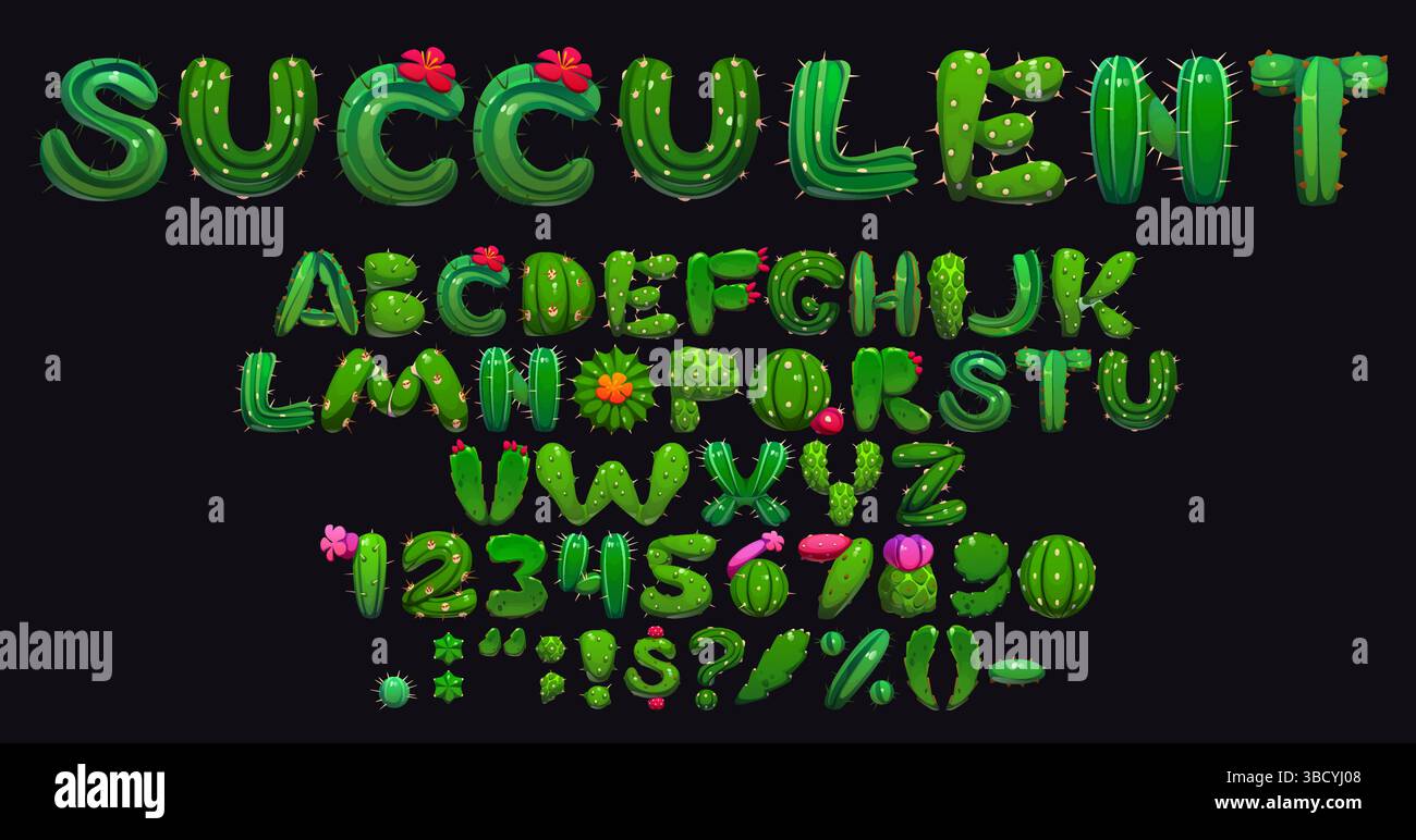 Cartoon cactus font of green succulent typeface and Mexican cacti ...