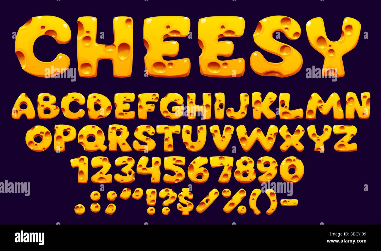 Cartoon cheese font, yellow Swiss and Maasdam typeface or cheesy Gouda ...