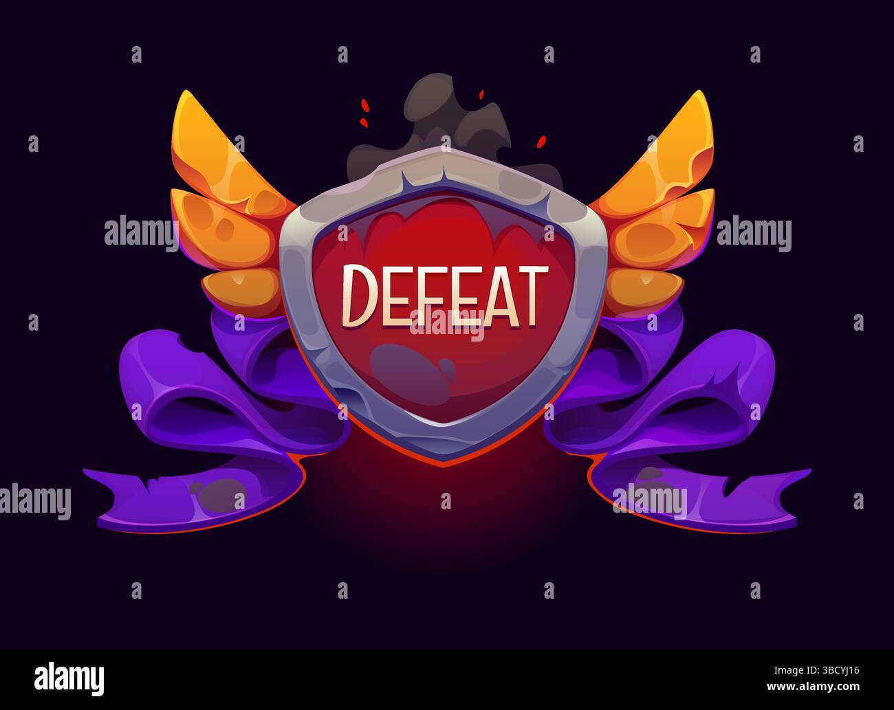 Defeat game frame icon, ui asset or badge, gui fantasy arcade final banner. Vector level end ...
