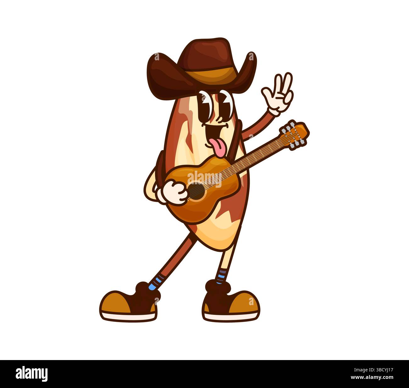 Cartoon groovy brazil nut cowboy or bandit character wearing brown hat ...