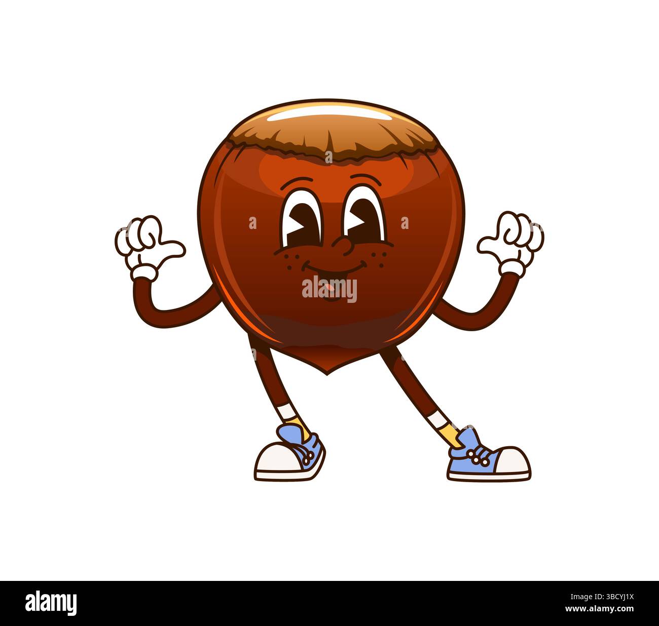 Cartoon funny groovy hazelnut nut character in retro sneakers joyfully ...