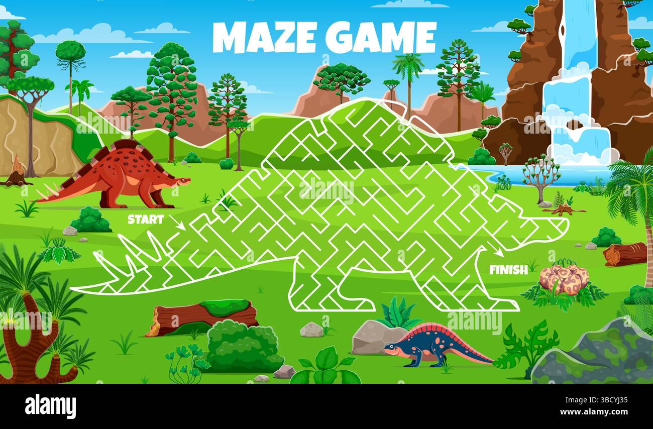 Kids labyrinth maze game with prehistoric dinosaur character. Vector ...
