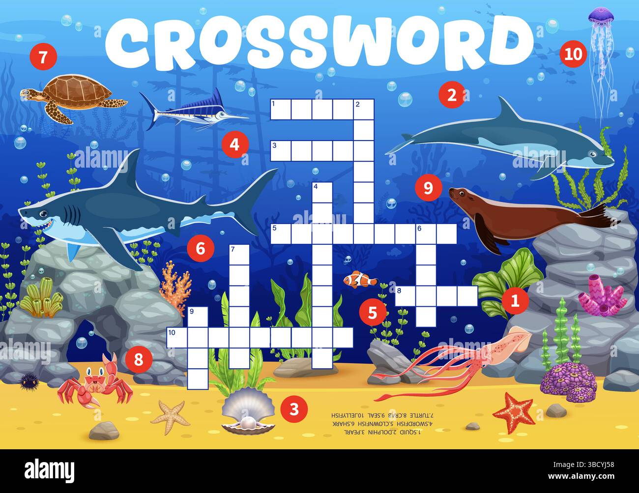 Crossword quiz game grid with funny sea underwater animals, vector ...