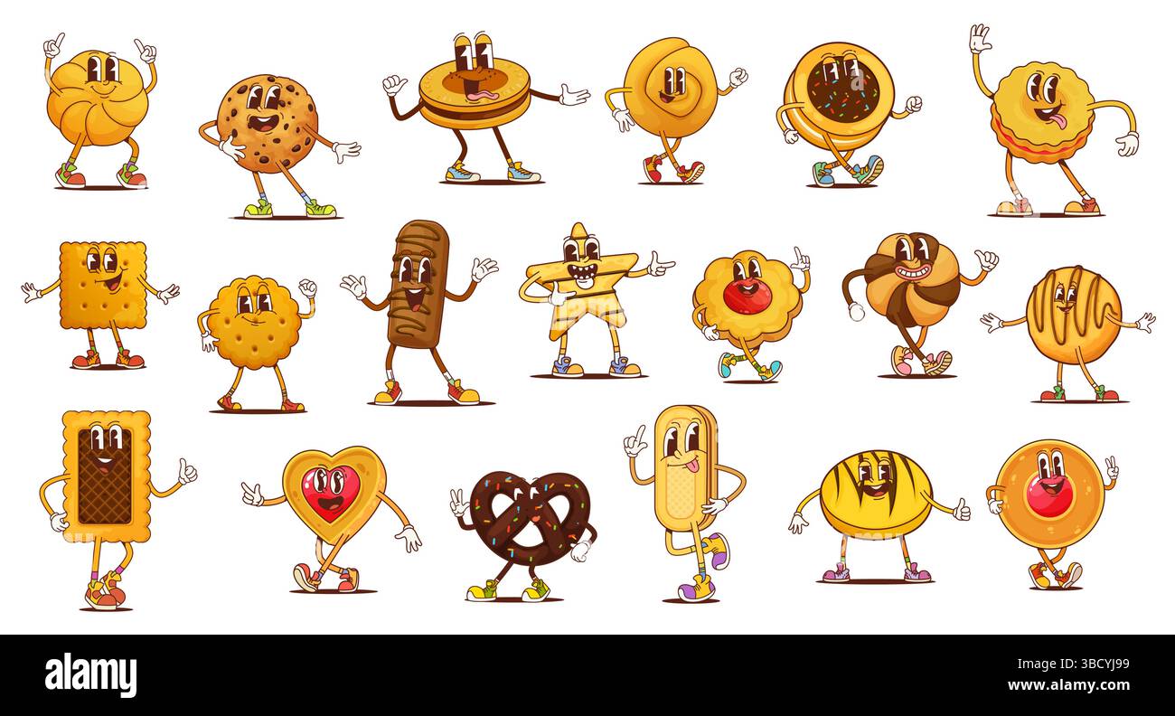 Funny groovy cookie and bakery characters, vector pastry food. Cartoon ...