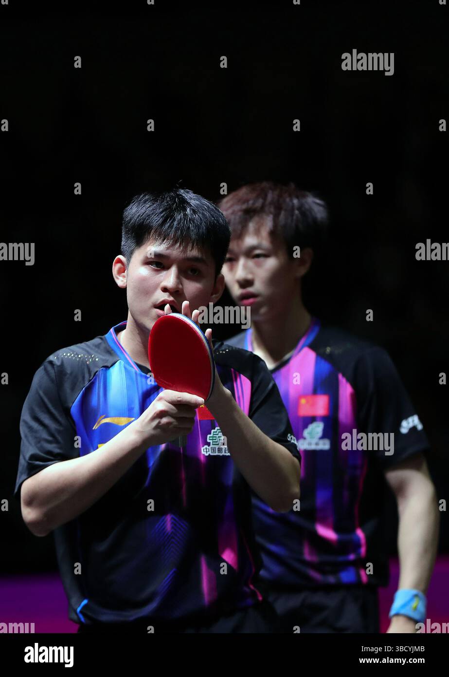 Doha, Qatar. 21st May, 2025. Lin Gaoyuan/Lin Shidong (front) compete during the men's doubles ...