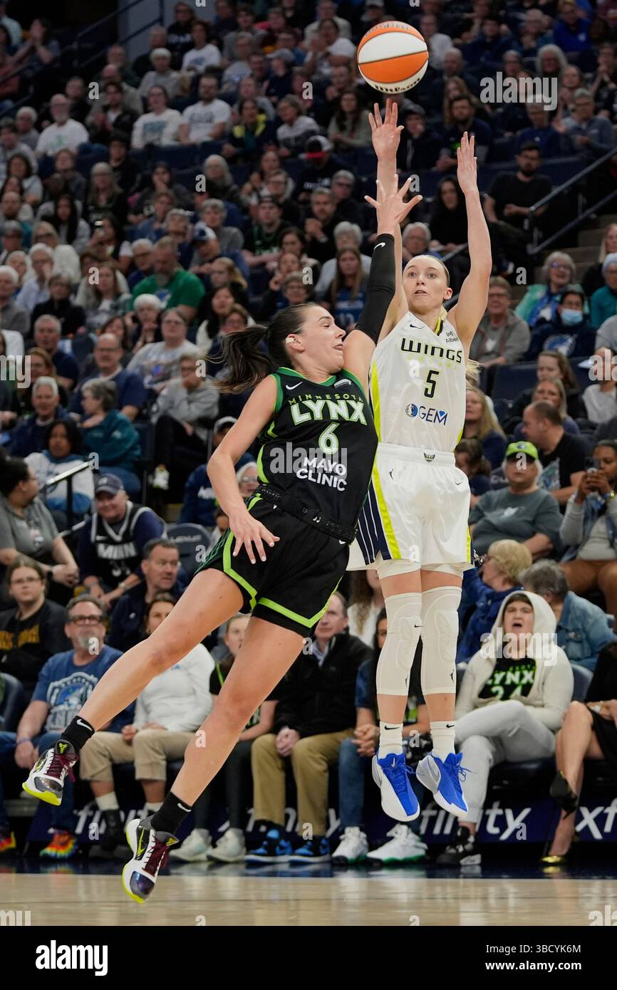Dallas Wings guard Paige Bueckers (5) shoots over Minnesota Lynx ...