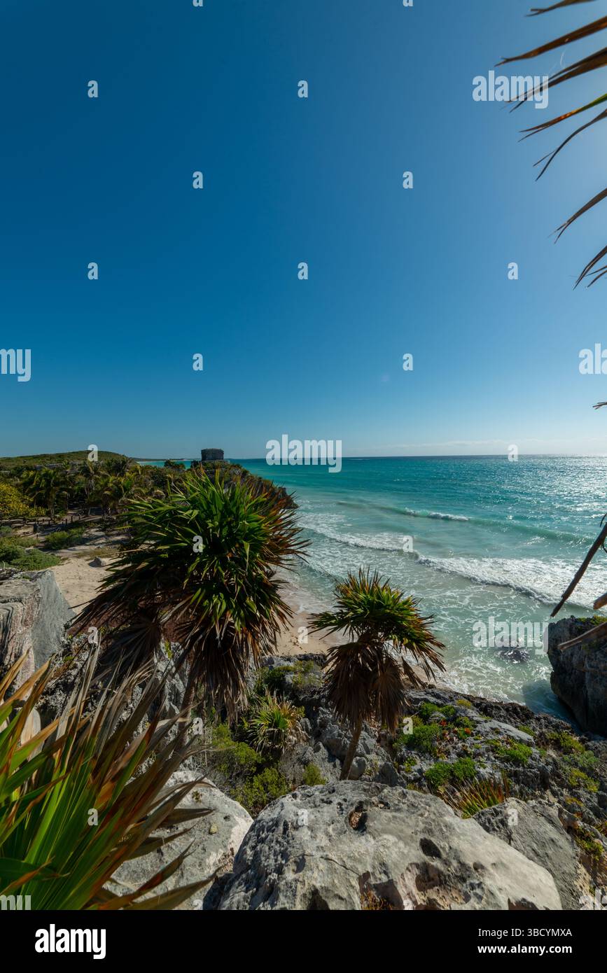 The Mayan Ruins of Tulum during a summer blue sky with some sargassum ...