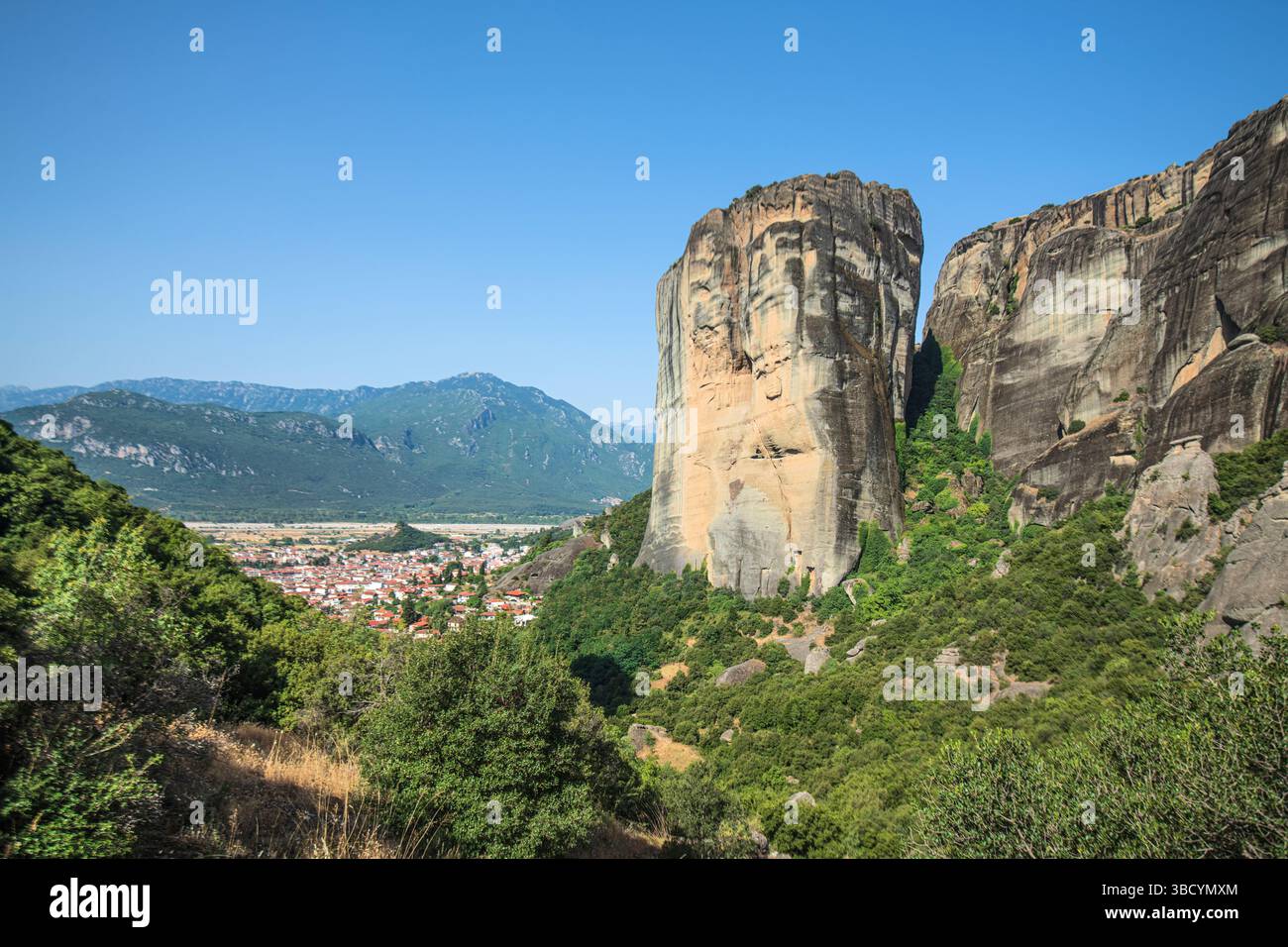 Kalambaka: view of the Meteora mountains and town. Greece Stock Photo ...