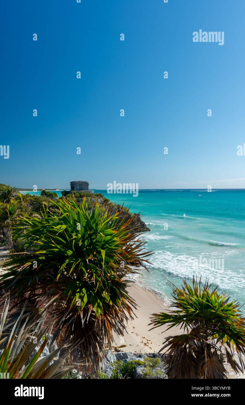 The Mayan Ruins of Tulum during a summer blue sky with some sargassum ...