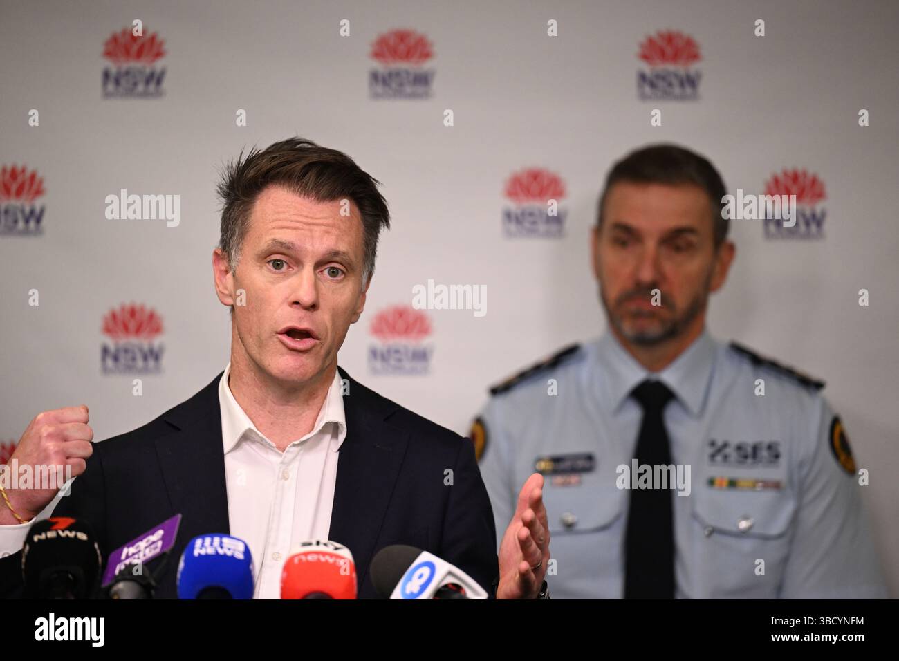 NSW Premier Chris Minns and NSW SES Commissioner Mike Wassing during a ...
