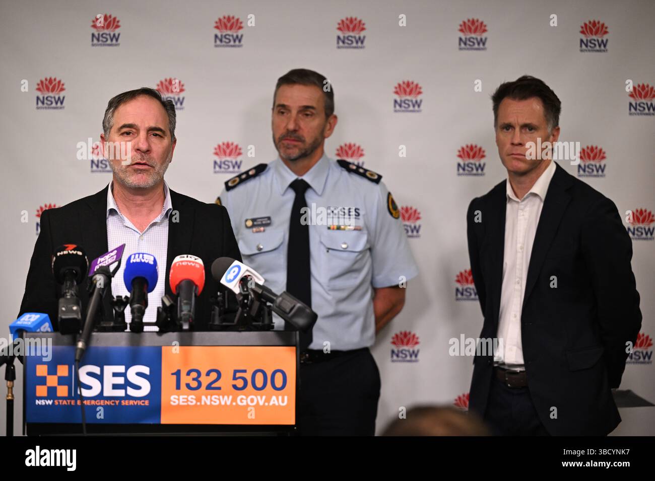 (lt-rt) Minister for Emergency Services Jihad Dib, NSW SES Commissioner ...