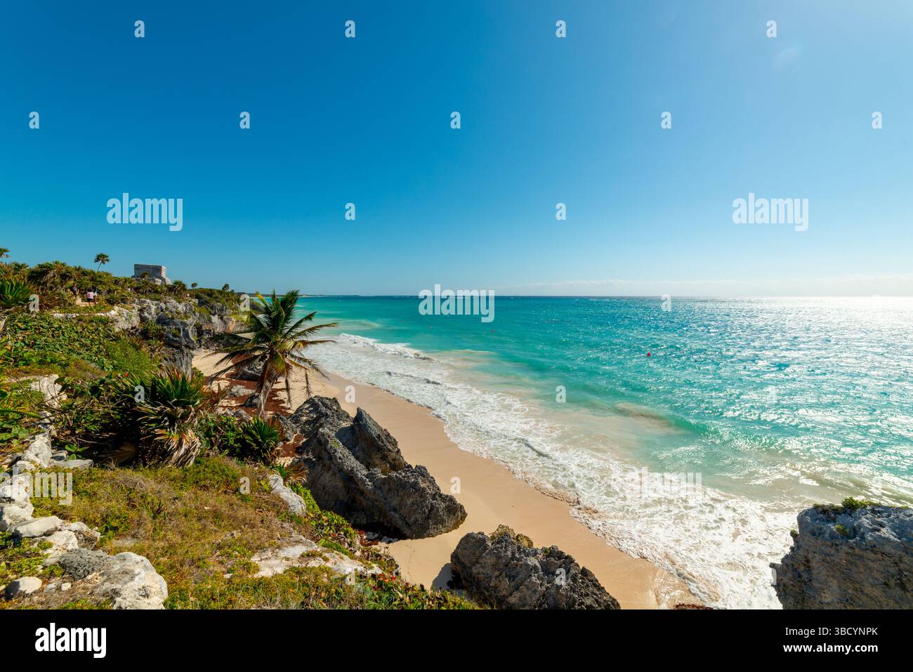The Mayan Ruins of Tulum during a summer blue sky with some sargassum ...