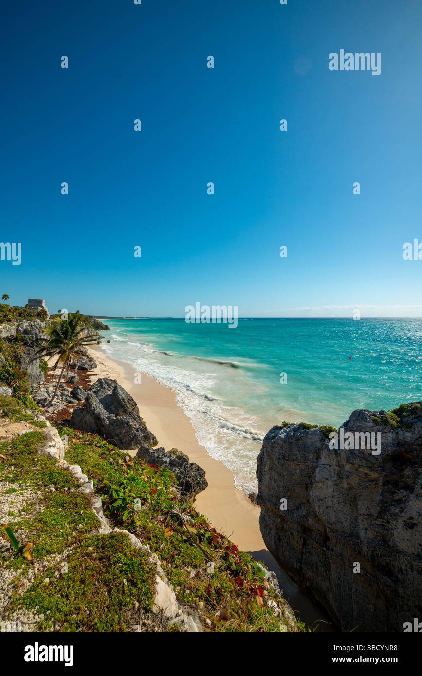 The Mayan Ruins of Tulum during a summer blue sky with some sargassum ...
