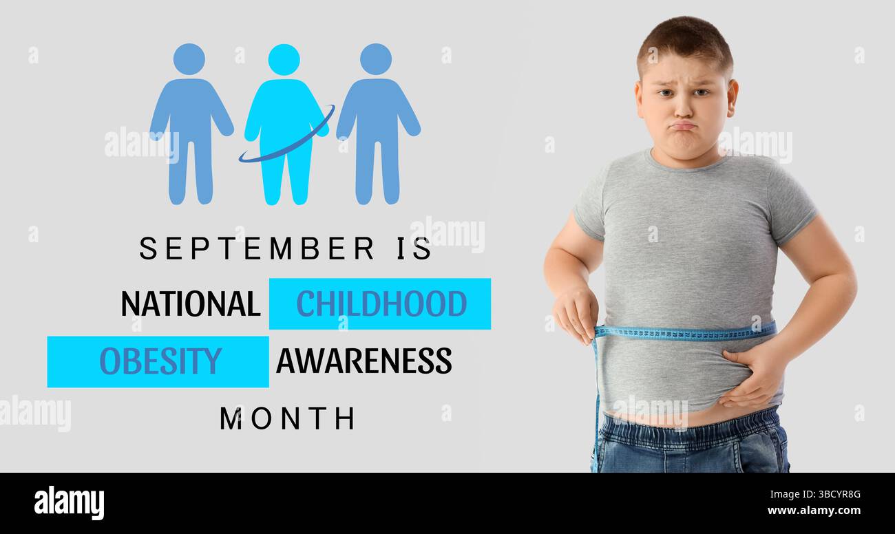 Sad overweight boy measuring his belly on light background. Banner for ...