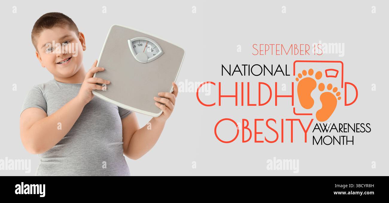 Overweight boy with measuring scales on light background. Banner for ...