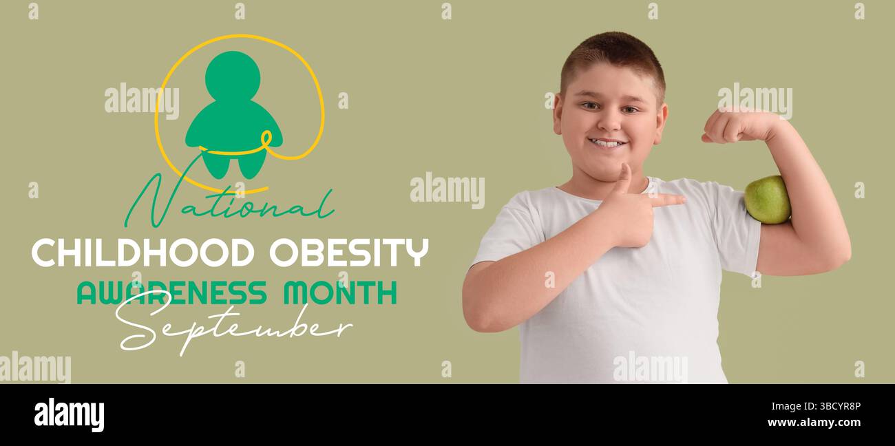Overweight boy with apple on color background. Banner for National ...