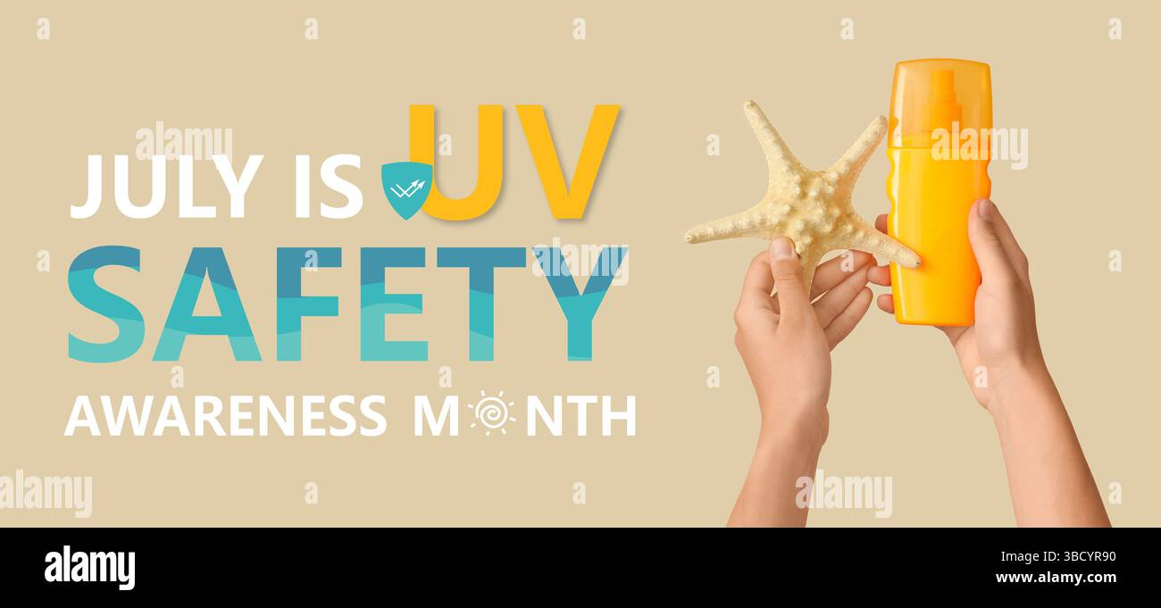 Hands with sunscreen cream and starfish on beige background. Banner for ...