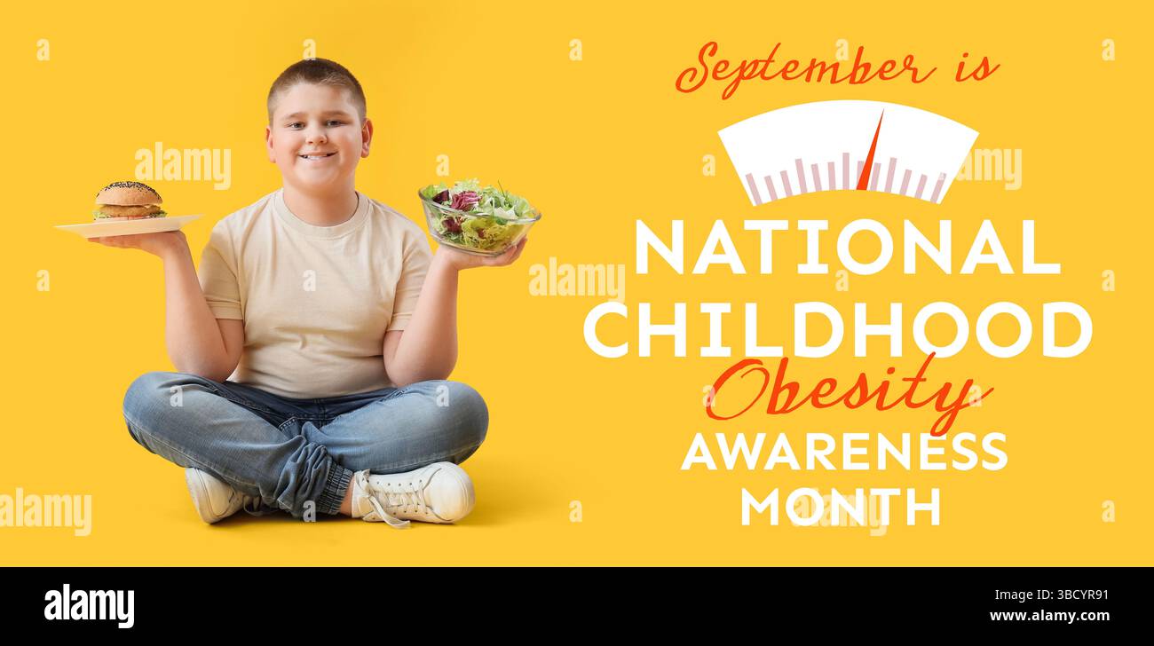 Overweight boy with burger and vegetable salad on yellow background ...