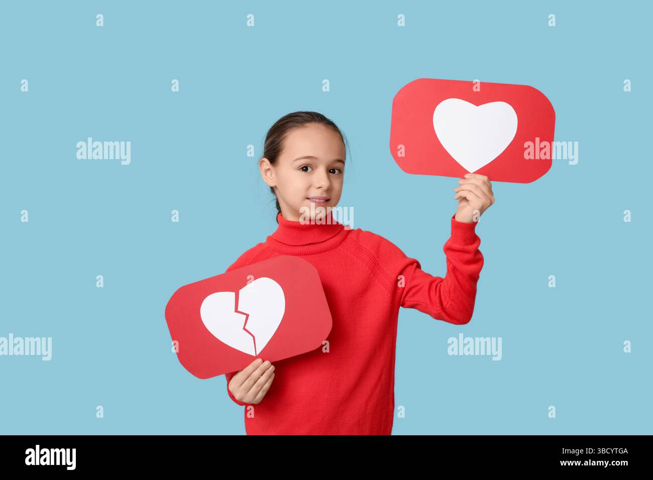 Little girl with heart like and dislike icons on blue background Stock ...